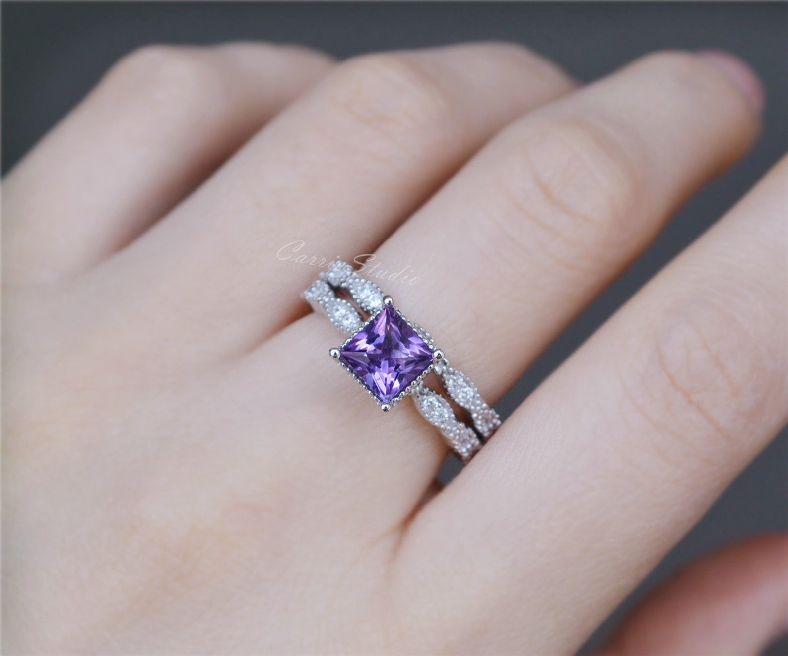 Princess Cut Amethyst Ring Set Purple Ring Set Promise Ring - Etsy