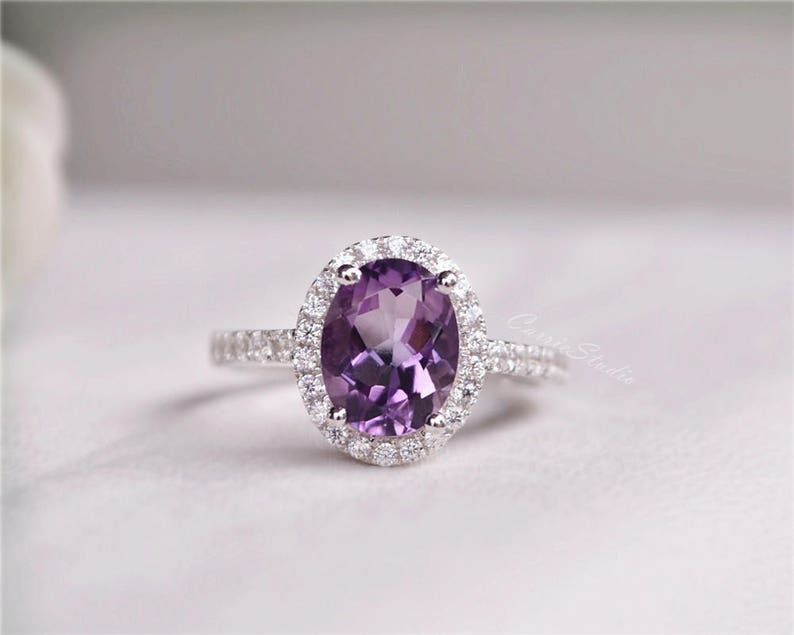 Halo Oval Natural Amethyst Ring Amethyst Engagement Ring/ - Etsy