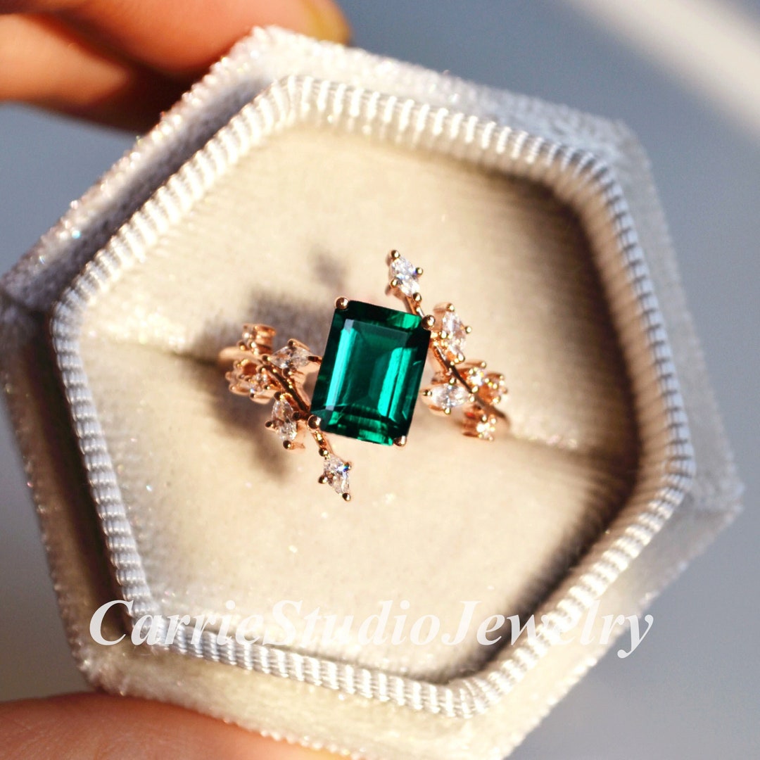 Nature Inspired Emerald Engagement Ring Solid 14K Gold/leaf Branch ...