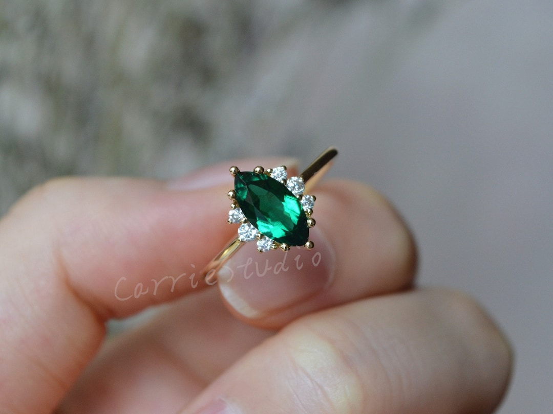Marquise Emerald Engagement Ring/solid 14K Gold Emerald Ring/ Emerald ...