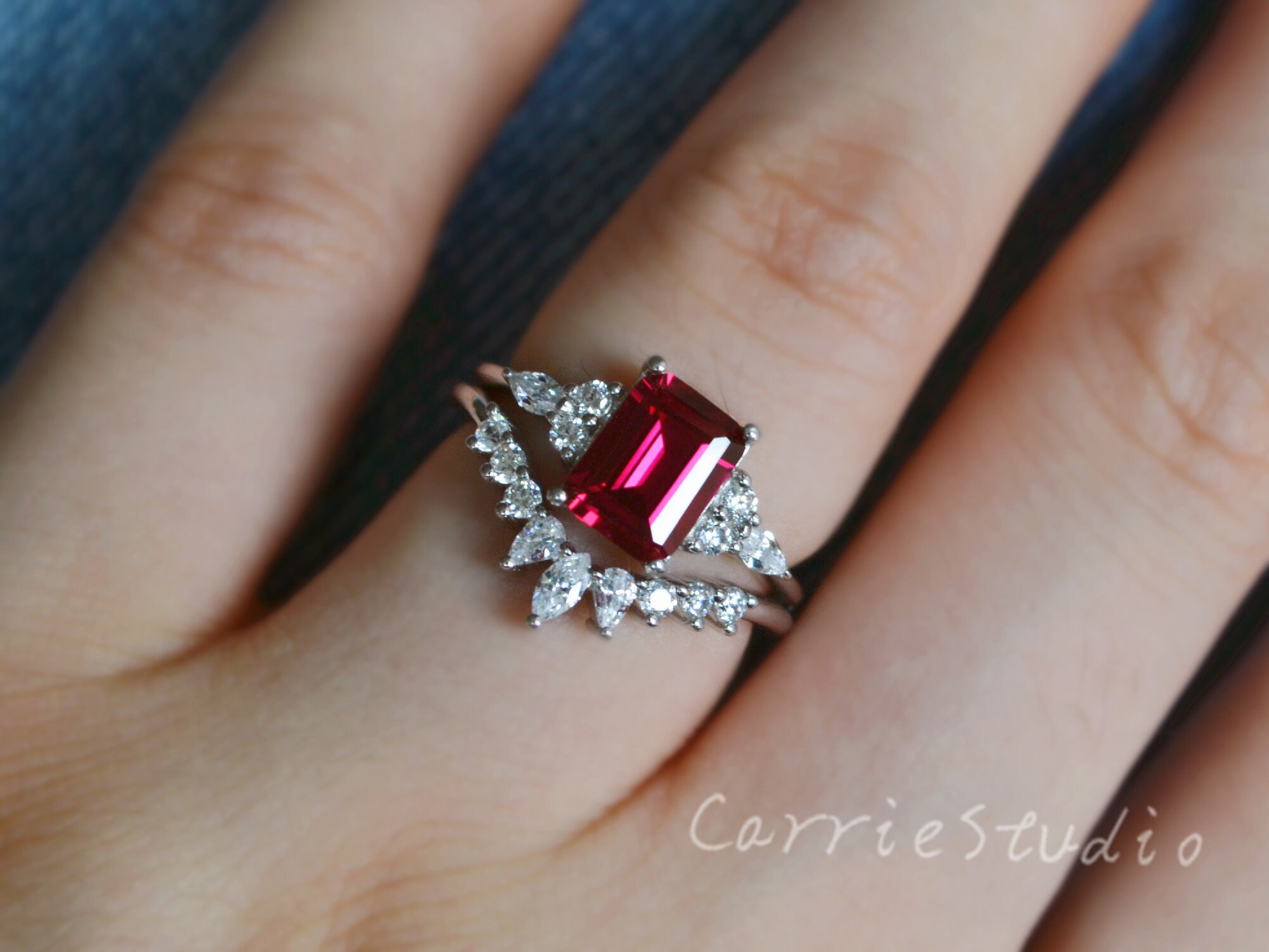 Emerald Cut Ruby Ring Set/silver Ruby Engagement Ring Set/red - Etsy