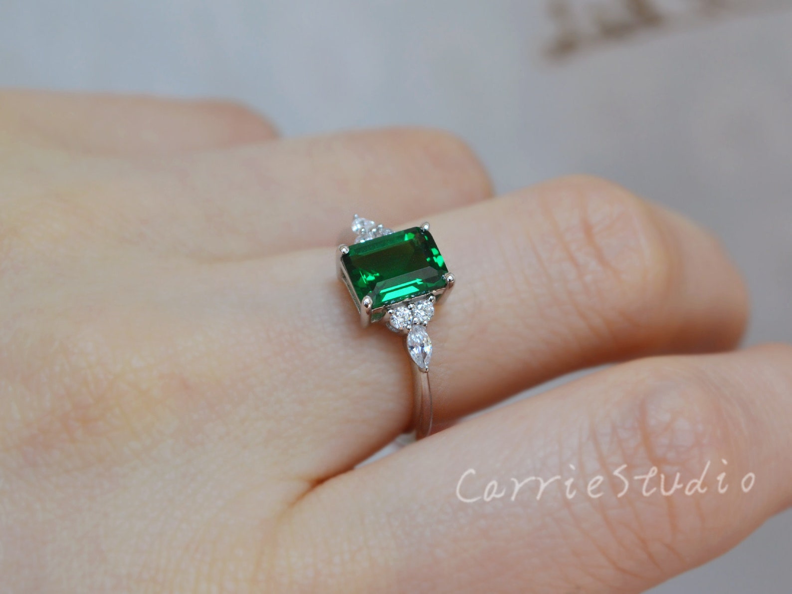 Silver Emerald Engagement Ring/emerald Cut Promise Ring/emerald ...