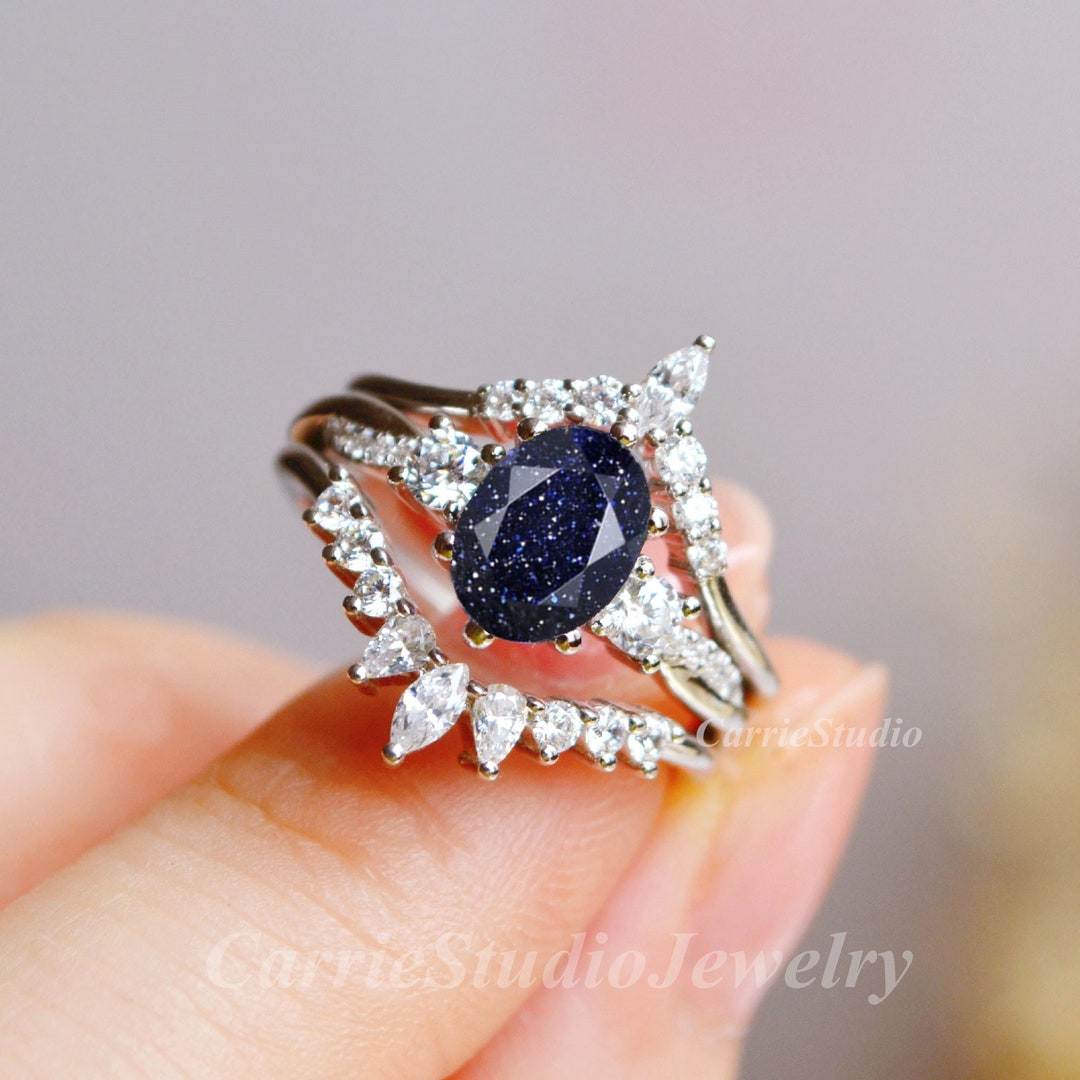Oval Blue Sandstone Engagement Ring Set/silver Twist Goldstone Bridal ...