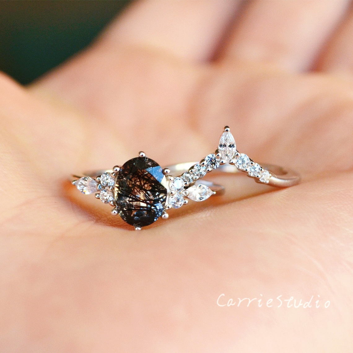 Unique Black Rutilated Quartz Ring Set/natural Rutilated - Etsy