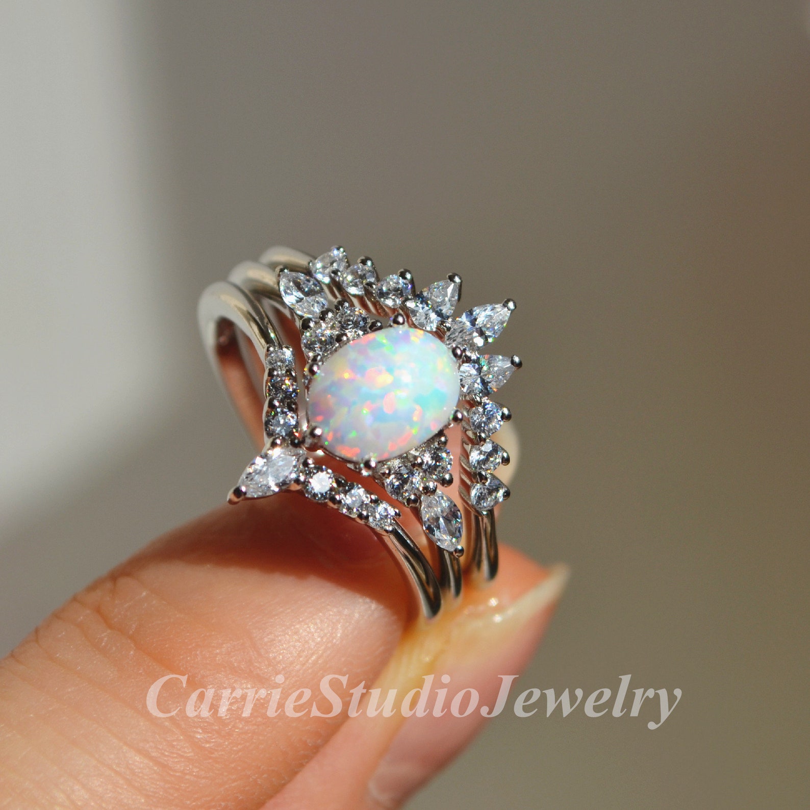 Vintge White Opal Ring Set/silver Opal Engagement Ring Set/opal Jewelry ...