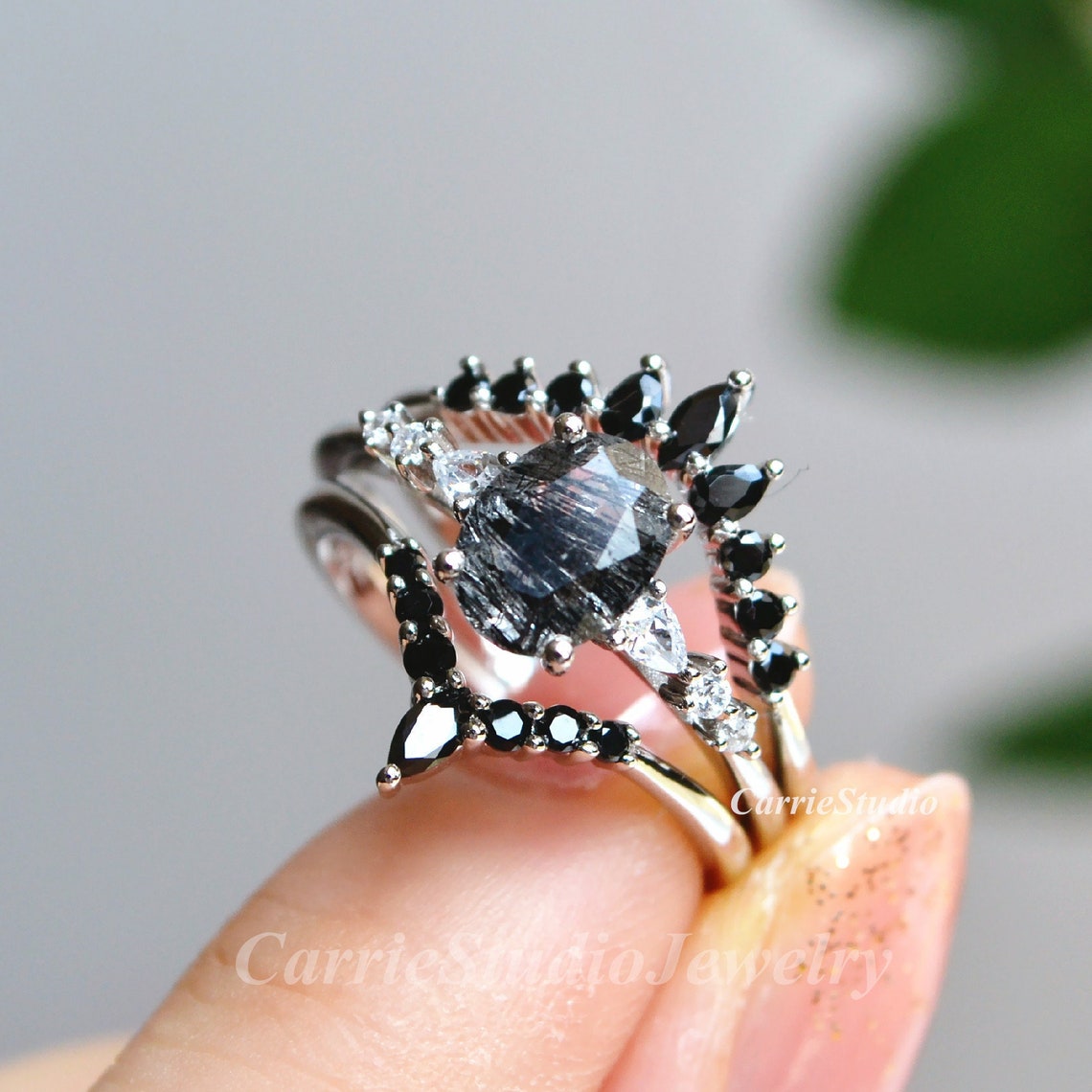 Black Rutilated Quartz Ring Set/black Diamond Ring Set/silver - Etsy