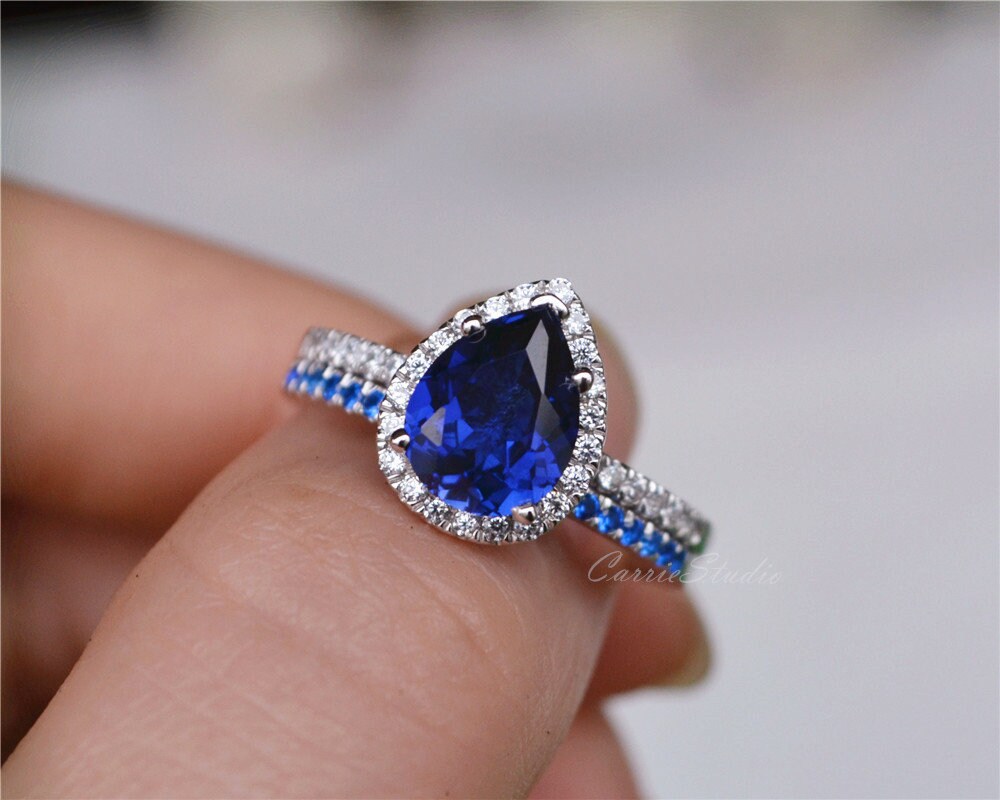 Pear Sapphire Ring Set Sapphire Engagement Ring Set Anniversary Ring ...