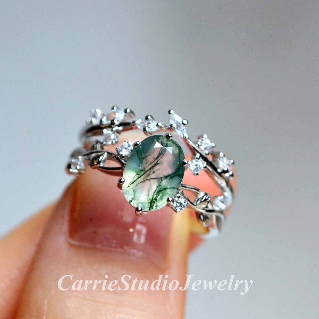 Vintage Leaf Moss Agate Engagement Ring Set Oval Green Agate - Etsy