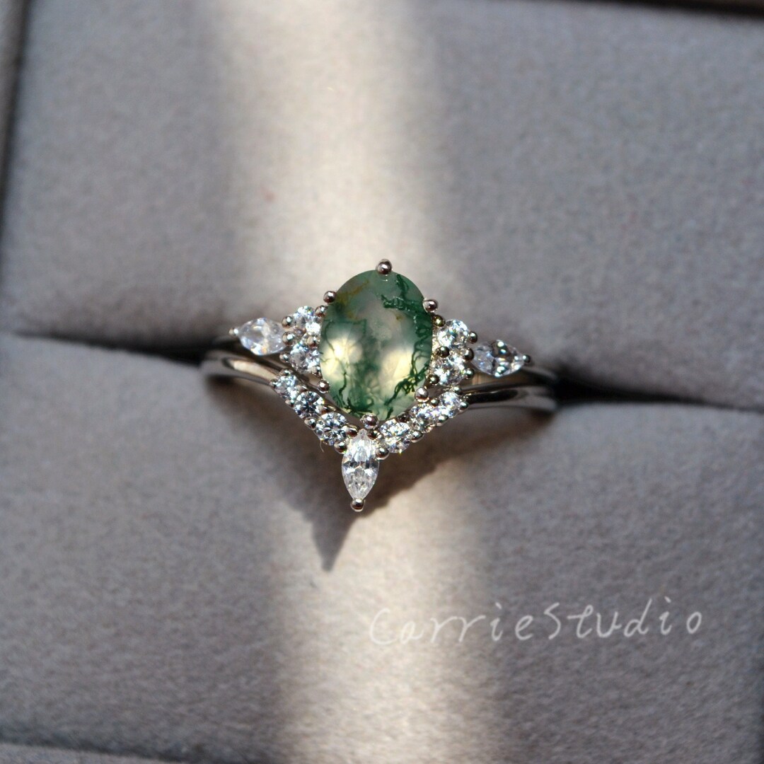 Vintage Natural Green Moss Agate Ring Set/sterling Silver Oval ...