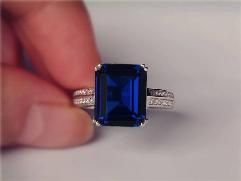 Blue Sapphire Ring Emerald Cut Sapphire Engagement Ring/ | Etsy