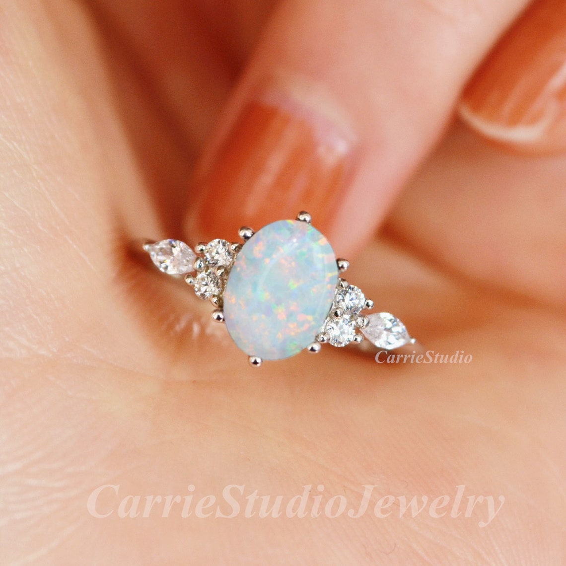 Delicate White Opal Ring/silver Opal Engagement Ring/opal - Etsy
