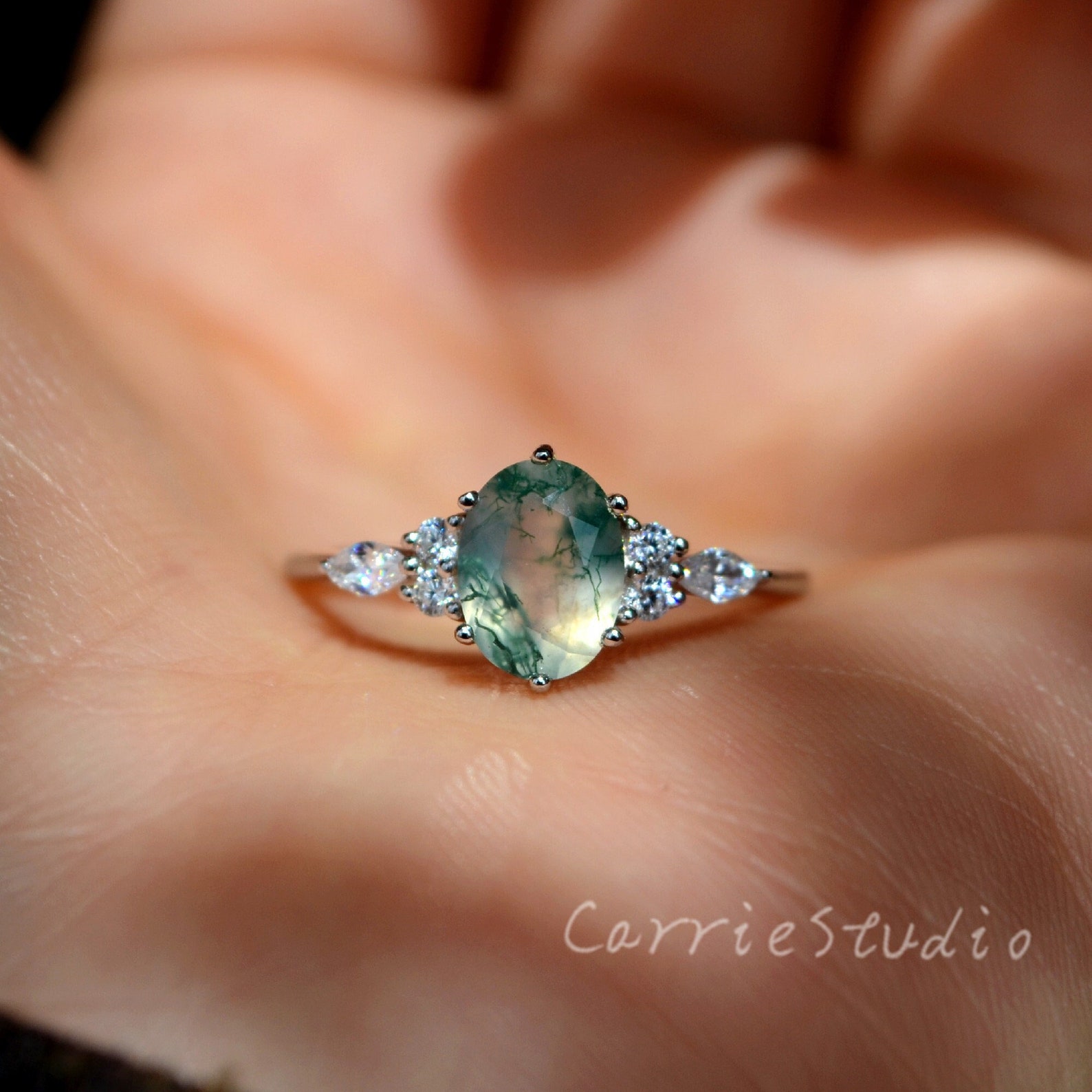 Natural Moss Agate Ring/sterling Silver Engagement Ring /oval Green ...