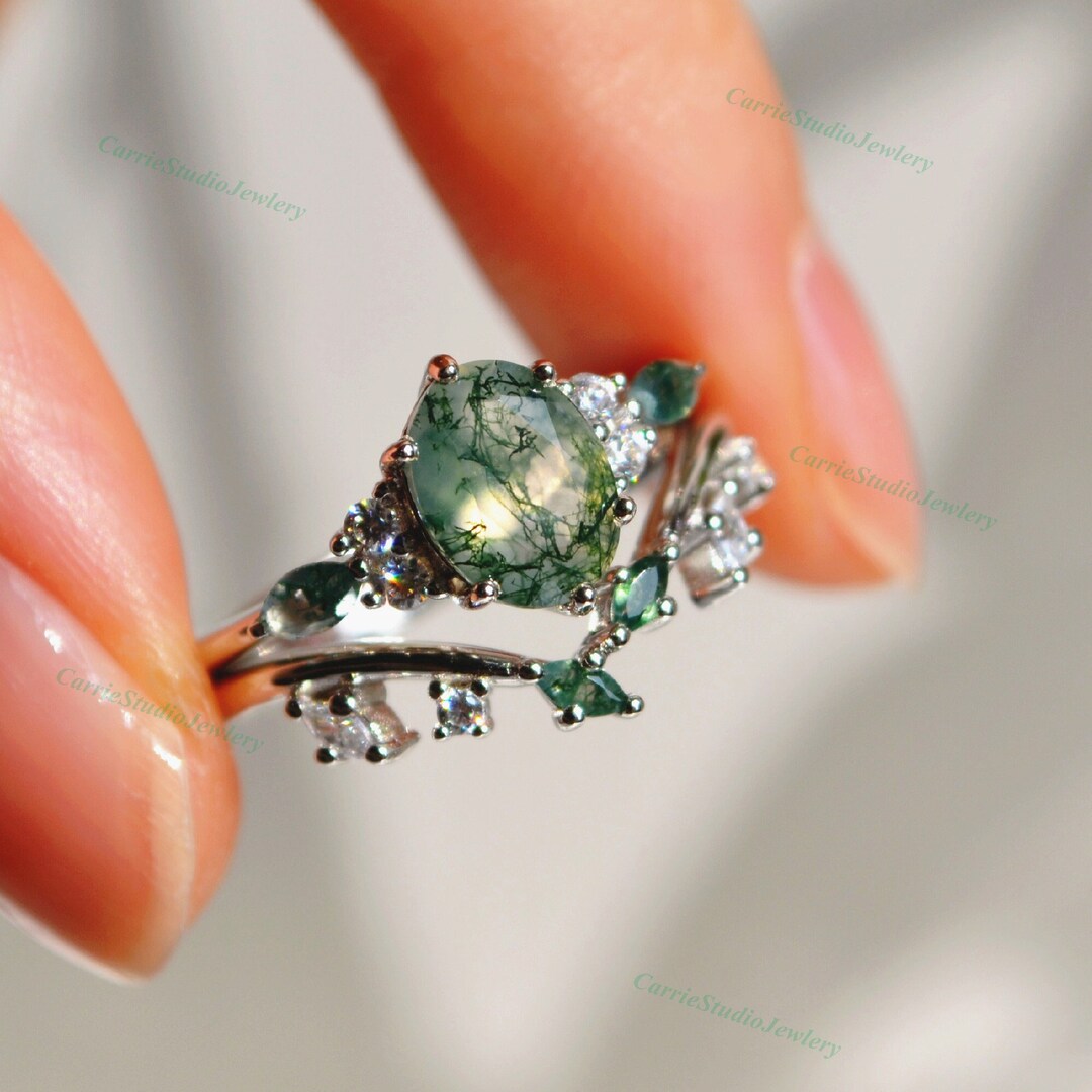 Unique Moss Agate Engagement Ring Set - Nature Inspired Green Agate ...