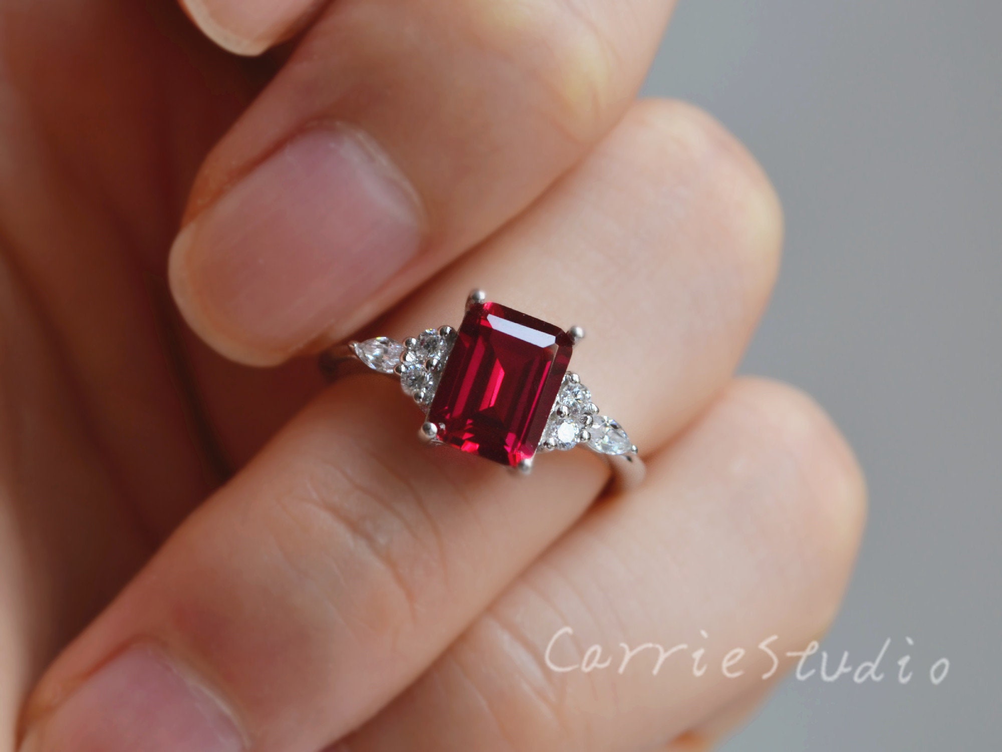 Emerald Cut Ruby Ring Set/silver Ruby Engagement Ring Set/red - Etsy