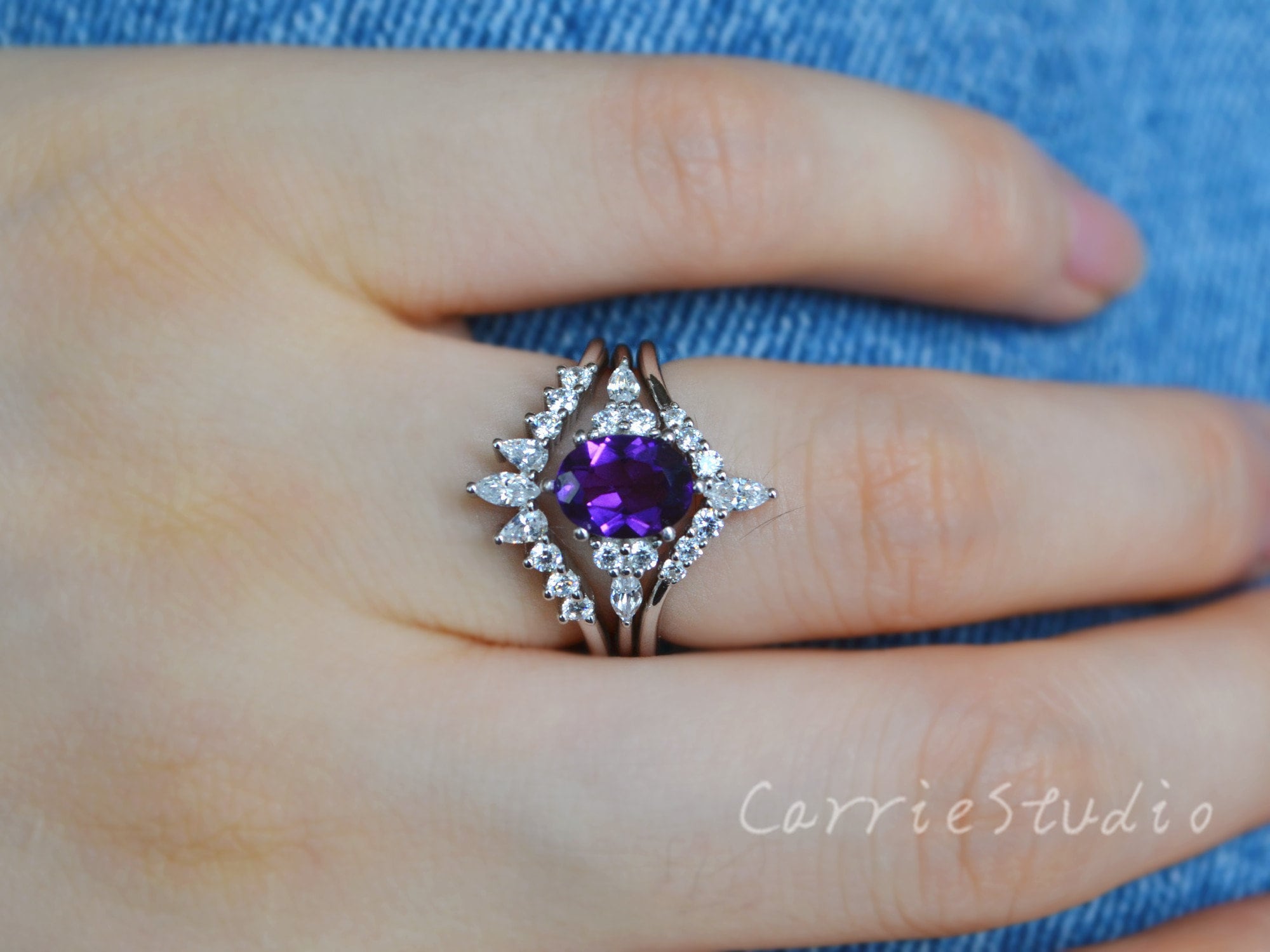 Natural Amethyst Ring Set/Silver Amethyst Engagement Ring | Etsy