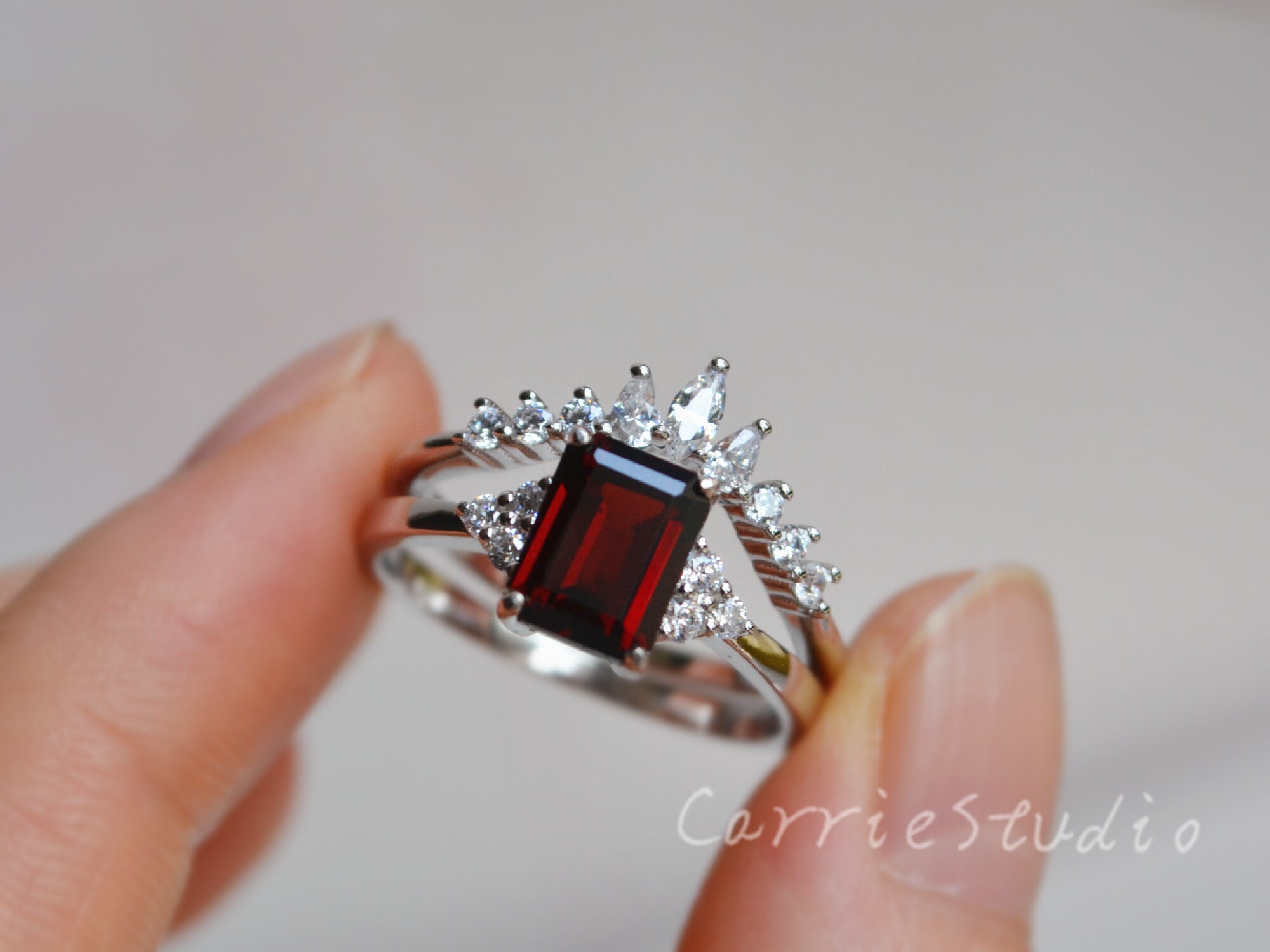 Emerald Cut Garnet Ring Set/natural Garnet Engagement Ring/ | Etsy