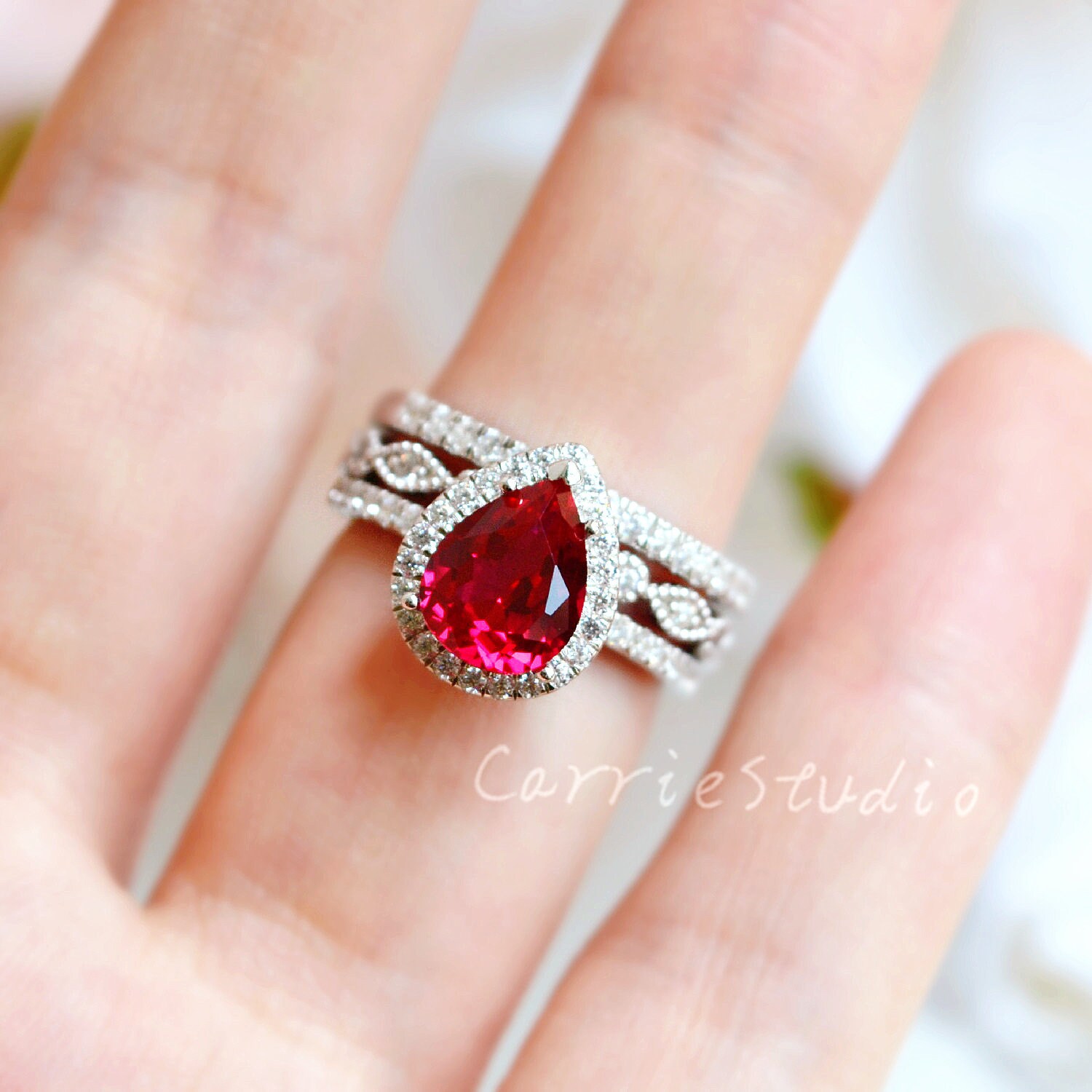 Halo Pear Cut Ruby Ring Set/ 79 Sterling Silver Ruby - Etsy