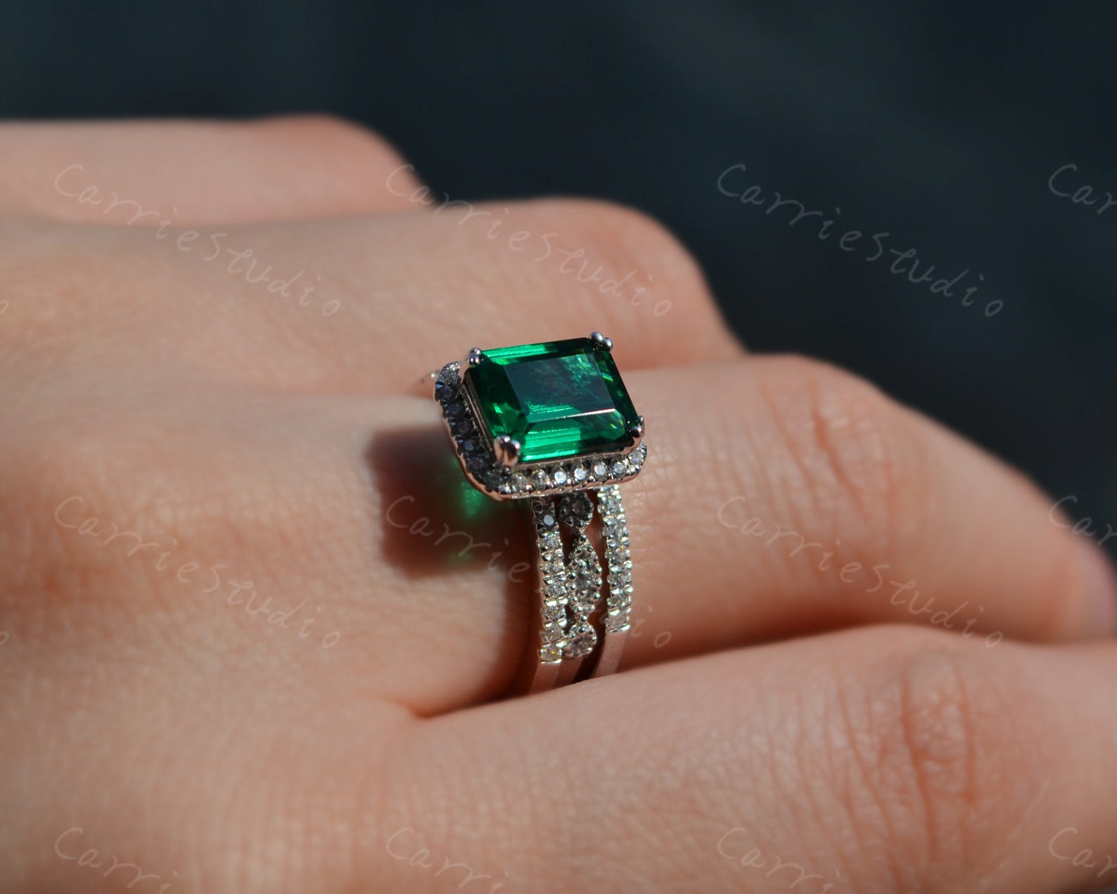 7*9 Mm Emerald Ring Set Emerald Engagement Ring Green Gem Ring Set ...