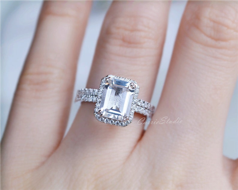 White Sapphire Ring Set Sapphire Engagement Ring Set | Etsy