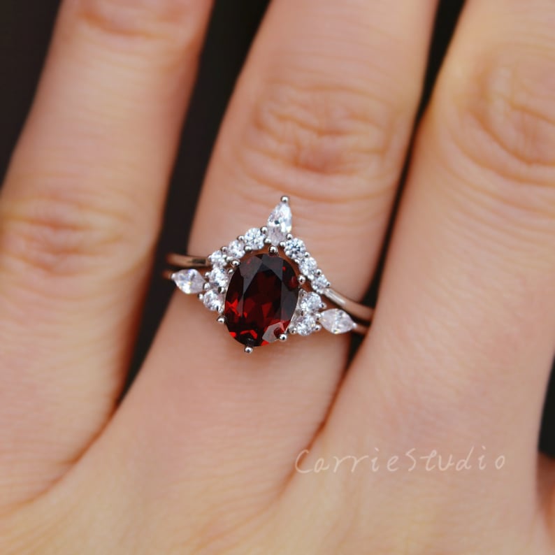 Red Garnet Ring Set/silver Oval Cut Garnet Promise Ring/red - Etsy