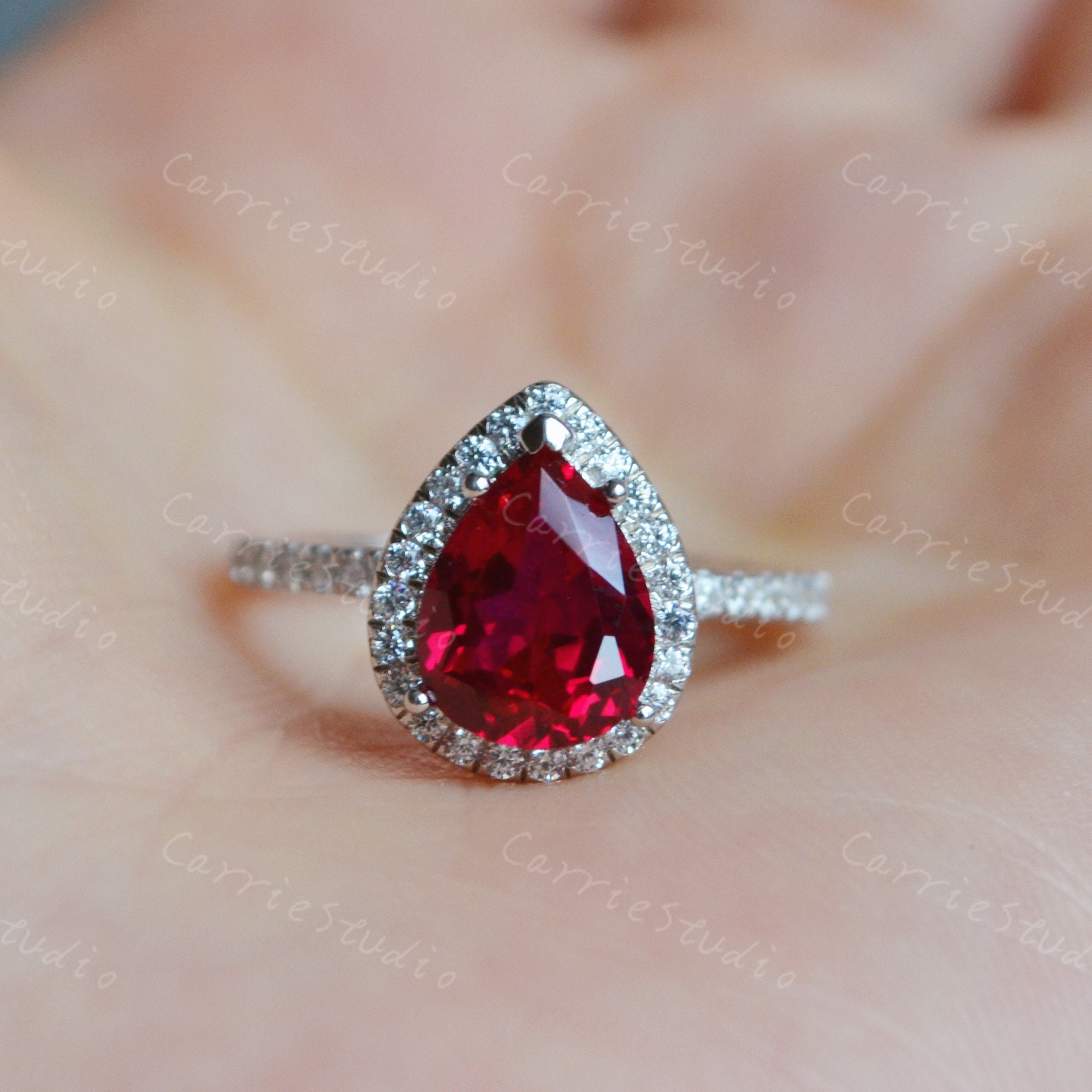 Halo Pear Cut Ruby Ring Set/ 79 Sterling Silver Ruby - Etsy