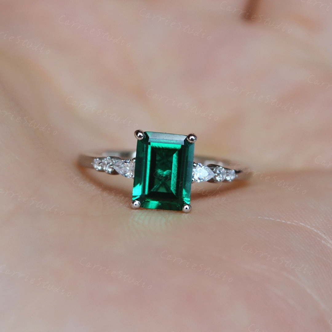 Solid 14K Gold Emerald Ring Lab Created Emerald Engagement Ring Wedding ...
