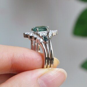 Oval Moss Agate Engagement Ring Set - Vintage Green Agate Bridal Ring Set Silver - Nature ...