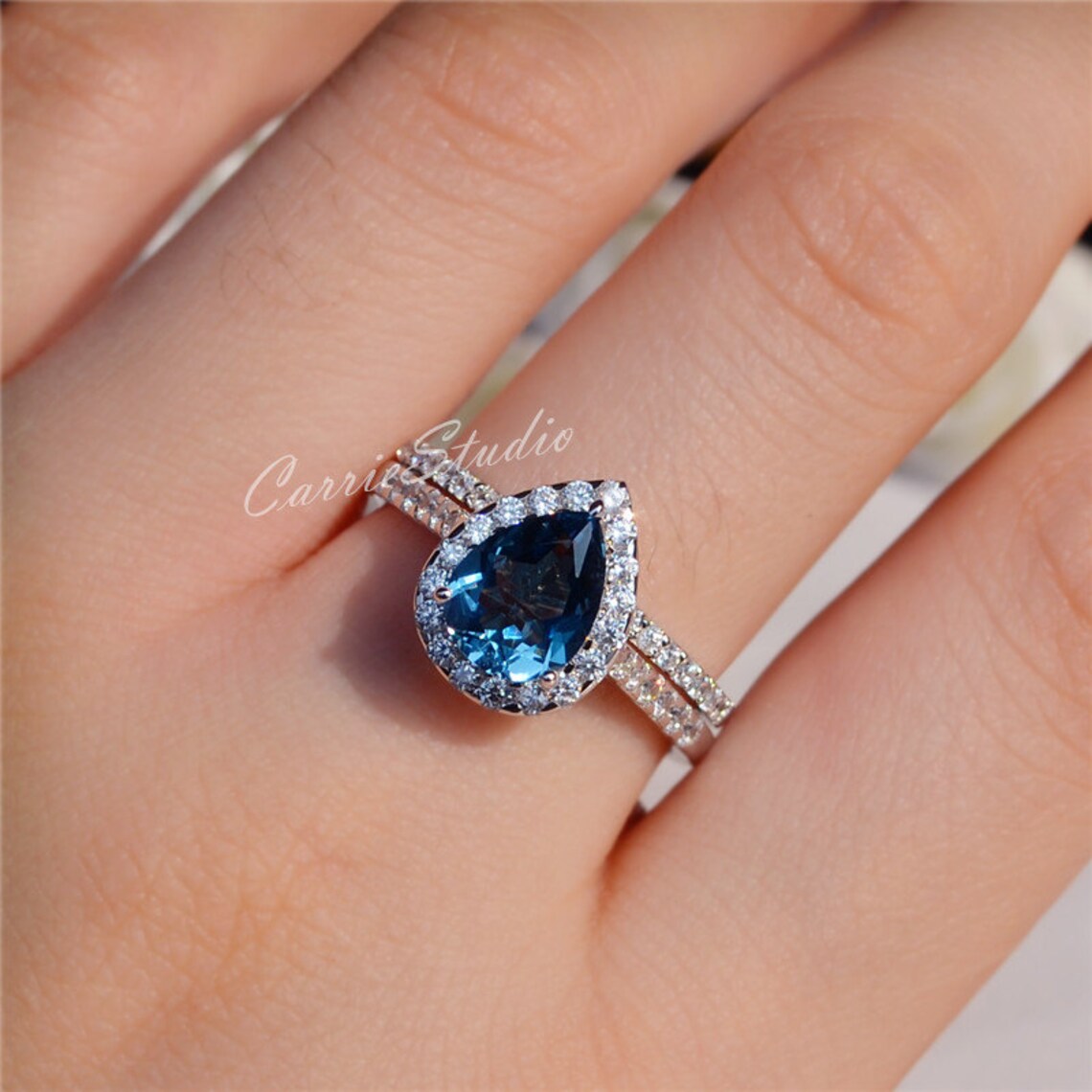 7*9mm Natural London Blue Topaz Ring Set Engagement Ring Set Wedding ...