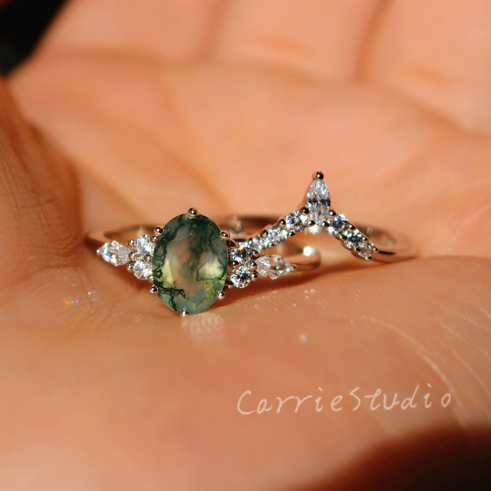 Vintage Natural Green Moss Agate Ring Set/sterling Silver Oval ...