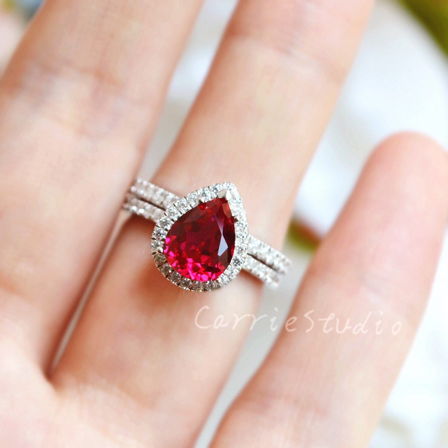 Halo Pear Cut Ruby Ring Set/ 79 Sterling Silver Ruby - Etsy