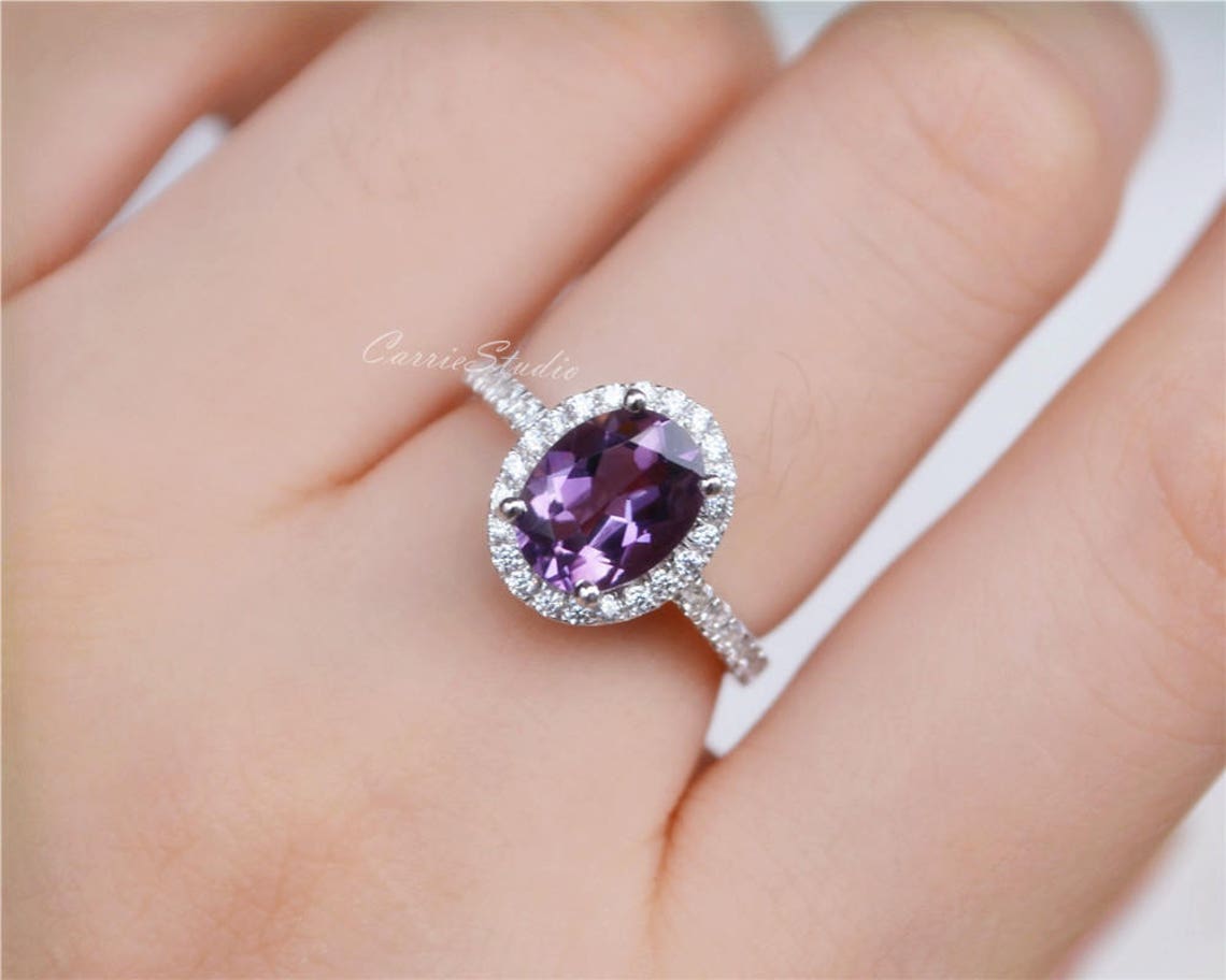 Halo Oval Natural Amethyst Ring Amethyst Engagement Ring/ - Etsy