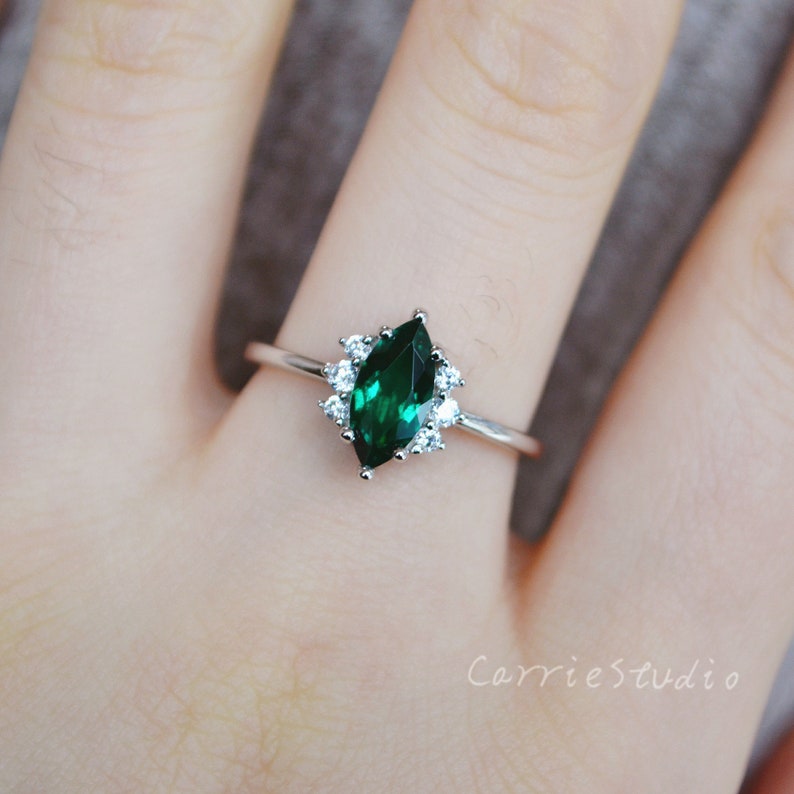 Marquise Emerald Engagement Ring/5*10mm Silver Lab Create Emerald Ring ...