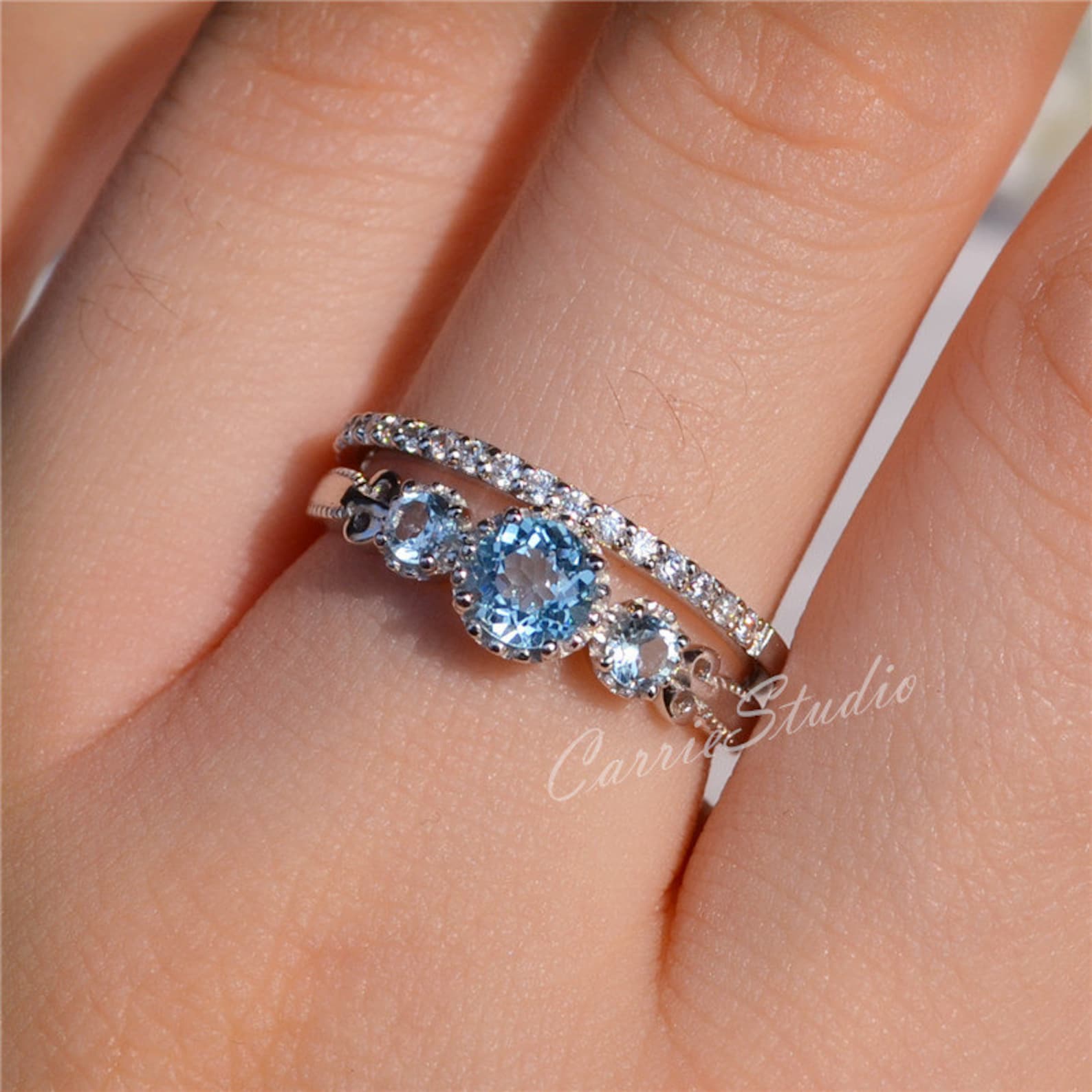 Natural Topaz Ring Set Sky Blue Topaz Engagement Ring Set - Etsy