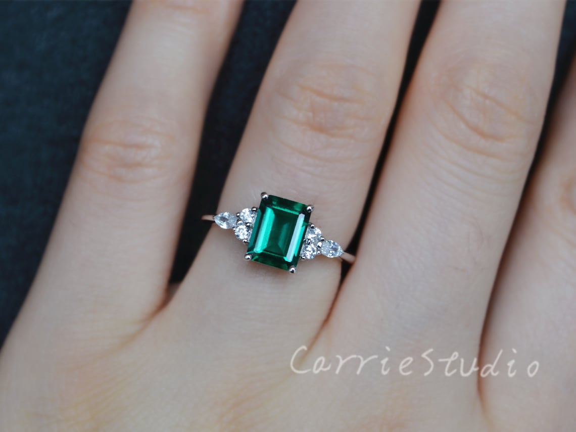 Emerald Cut Engagement Ring/genuine Lab Created Emerald - Etsy