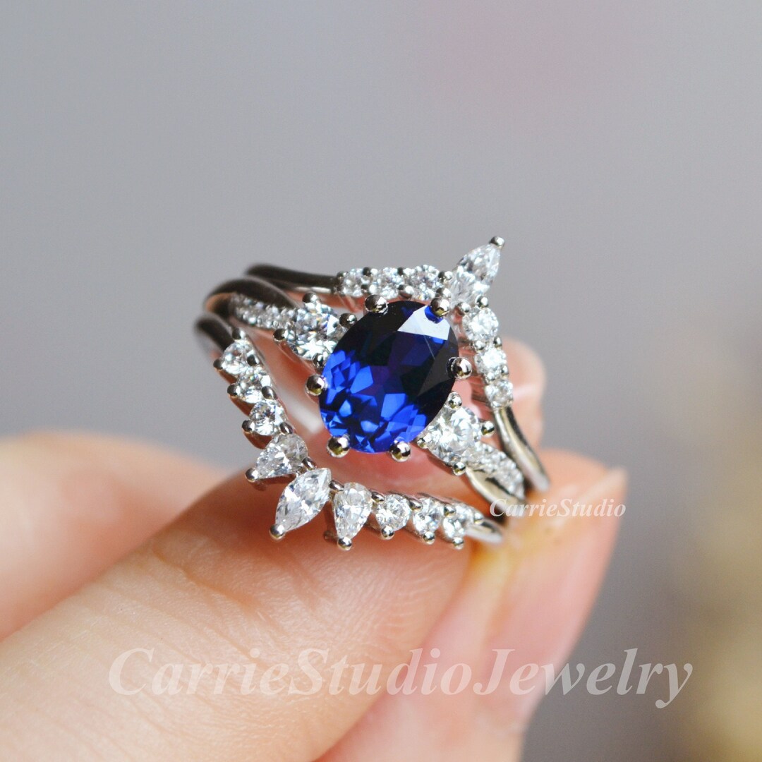 Vintage Blue Sapphire Ring Set/silver 3 Ring Set/oval Blue Sapphire Engagement Ring Set/blue ...