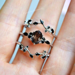 Unique Rutilated Quartz Black Diamond Ring Set - Tourmalinated Quartz Anniversary 3 Ring Set ...
