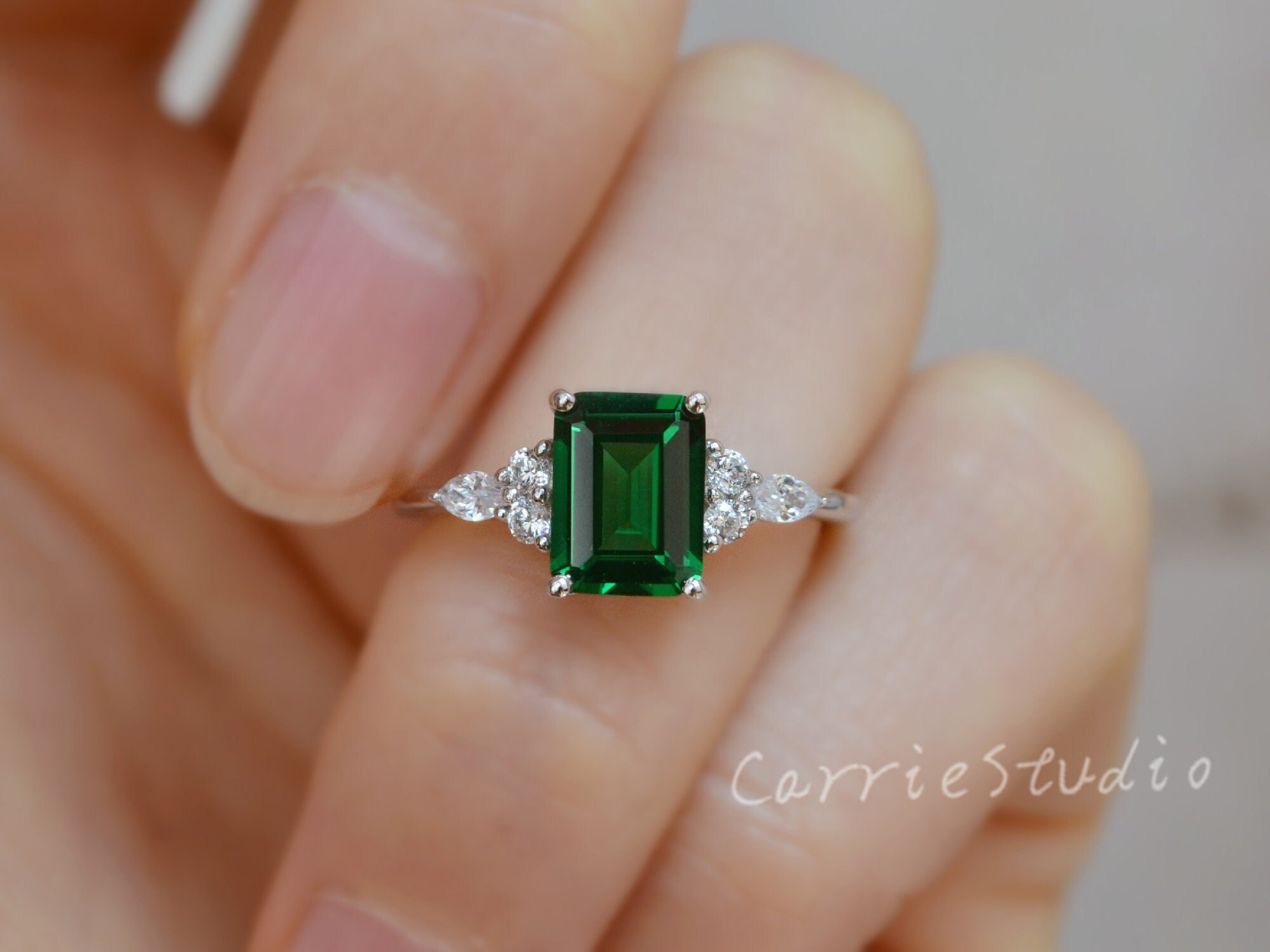 Silver Emerald Engagement Ring/emerald Cut Promise Ring/emerald ...