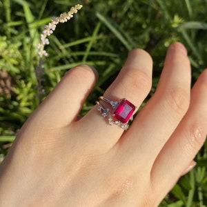 Vintage Emerald Cut Ruby Ring Set - 2ct Ruby Stacking Ring Set - Red Stone Promise Ring - July ...