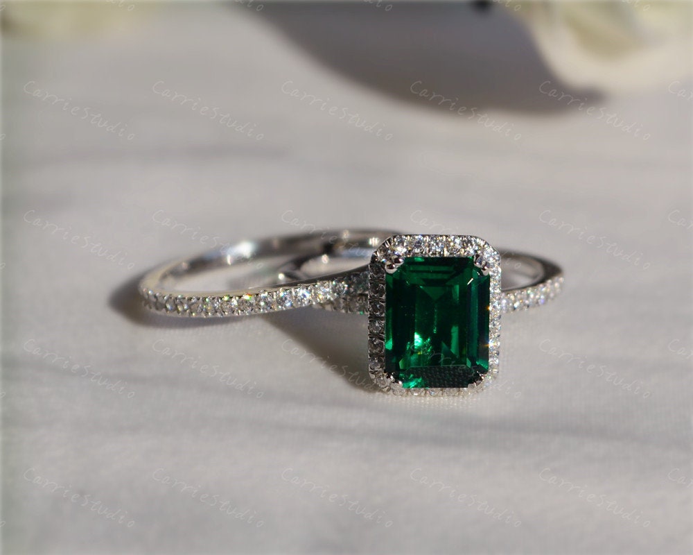 79 Mm Emerald Ring Set Emerald Engagement Ring Green Gem Ring - Etsy