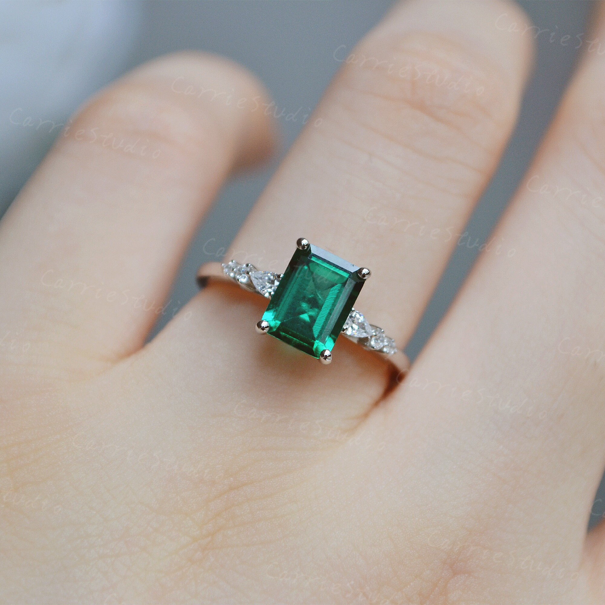Solid 14K Gold Emerald Ring Lab Created Emerald Engagement Ring Wedding ...