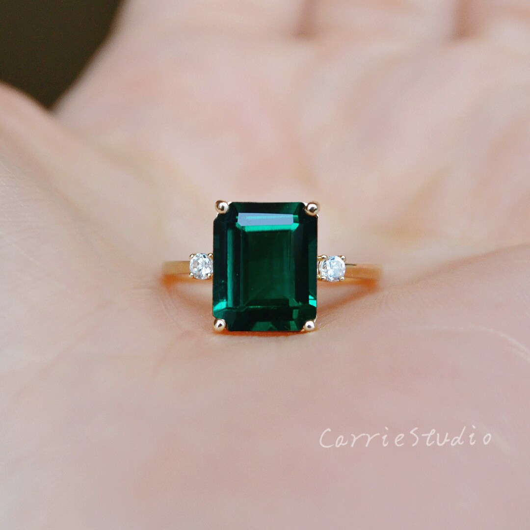 14K Gold 8*10mm Emerald Engagement Ring/emerald Cut Promise Ring/green ...