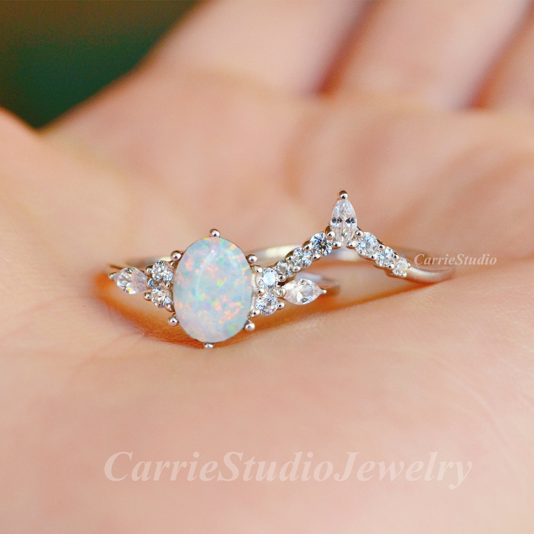Vintge White Opal Ring Set/silver Opal Engagement Ring Set/opal Jewelry Promise Ring/anniversary ...