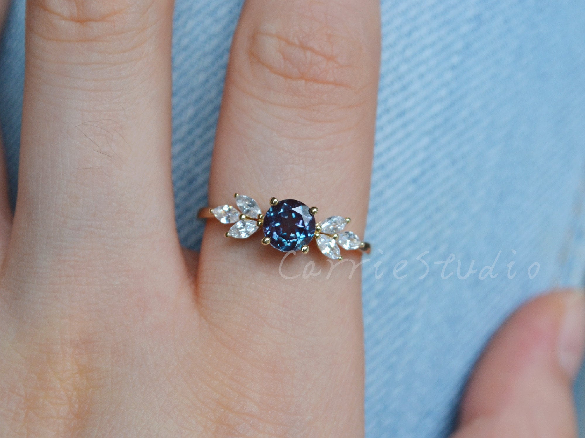Solid 14K Gold Lab Grown Alexandrite Ring/6mm Round Cut Alexandrite ...