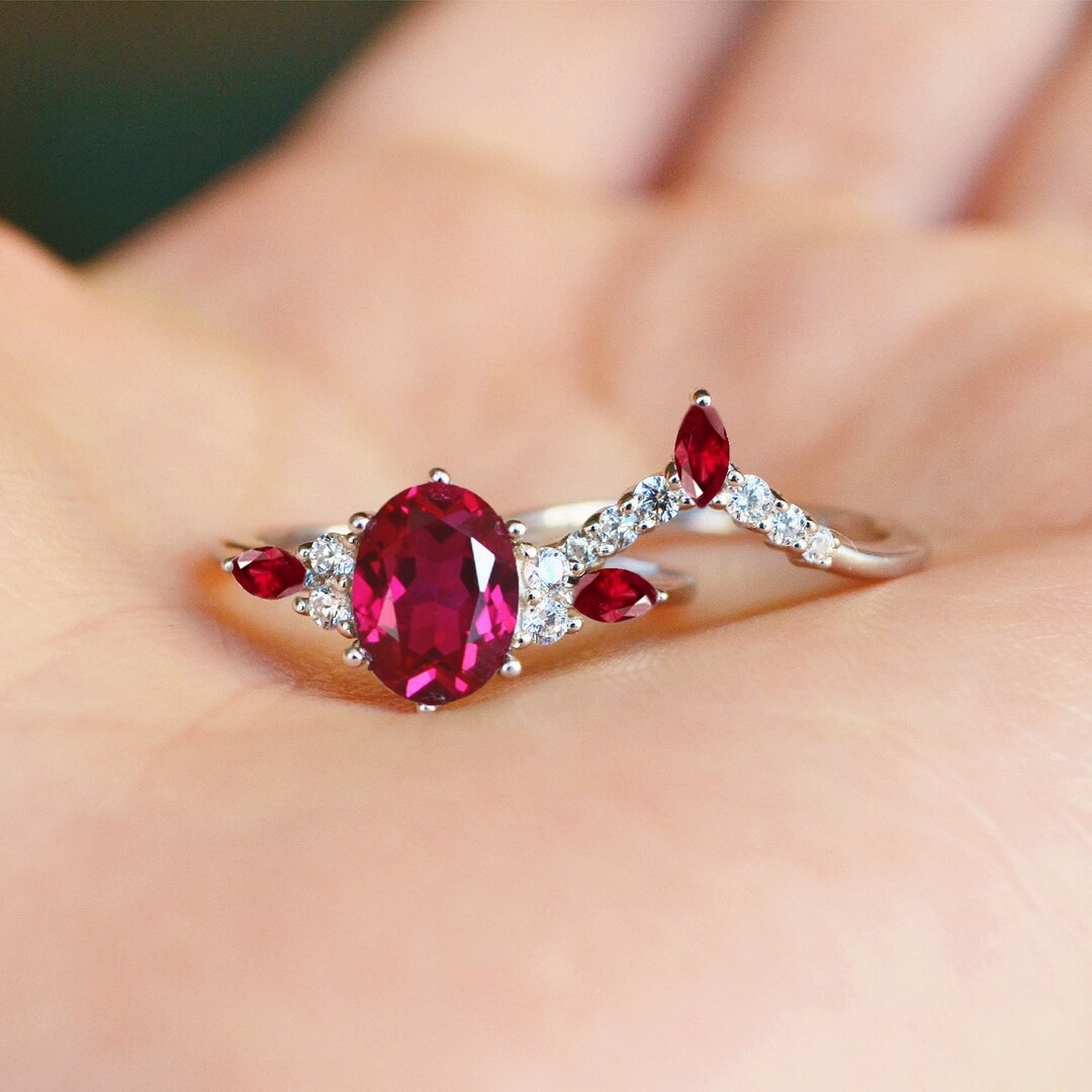 Vintage Ruby Ring Set - 1.5ct Oval Ruby Engagement Ring Set -july Birthstone Ring - Red Stone ...