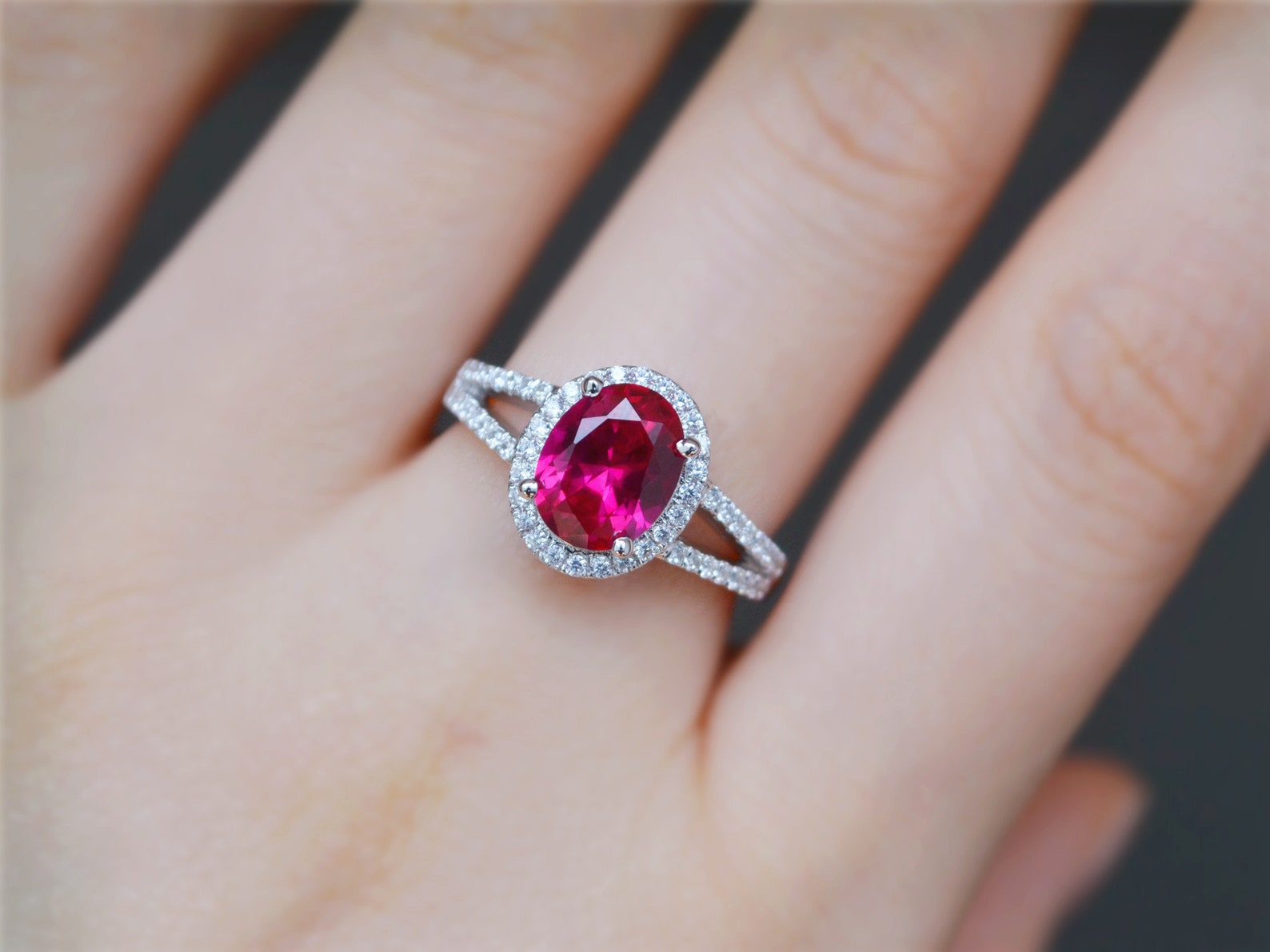 Halo Ruby Ring 7*9 Oval Ruby Engagement Ring/sterling Silver Red Gem ...