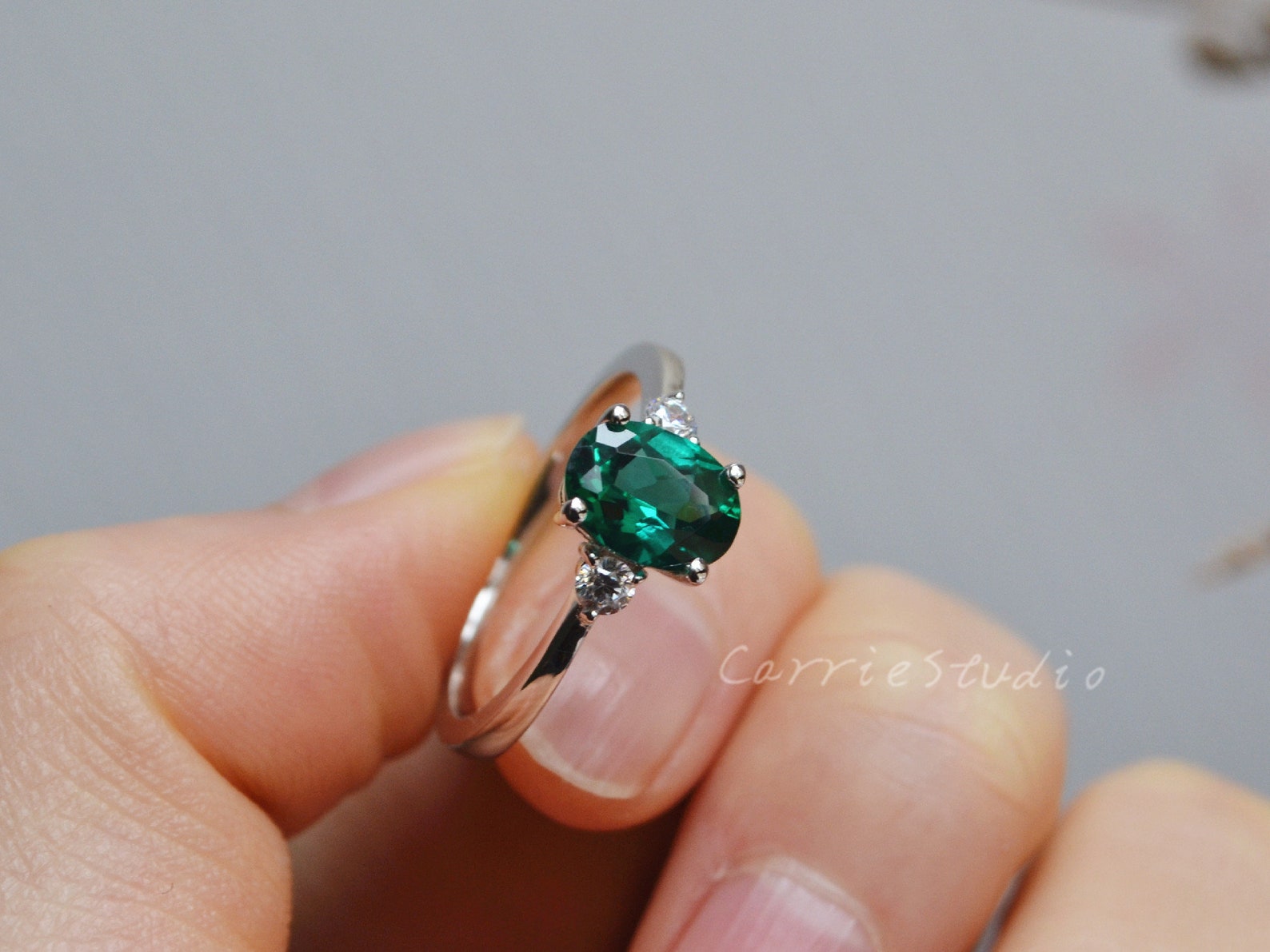 Genuine Oval Lab Created Emerald Ring/silver Emerald - Etsy
