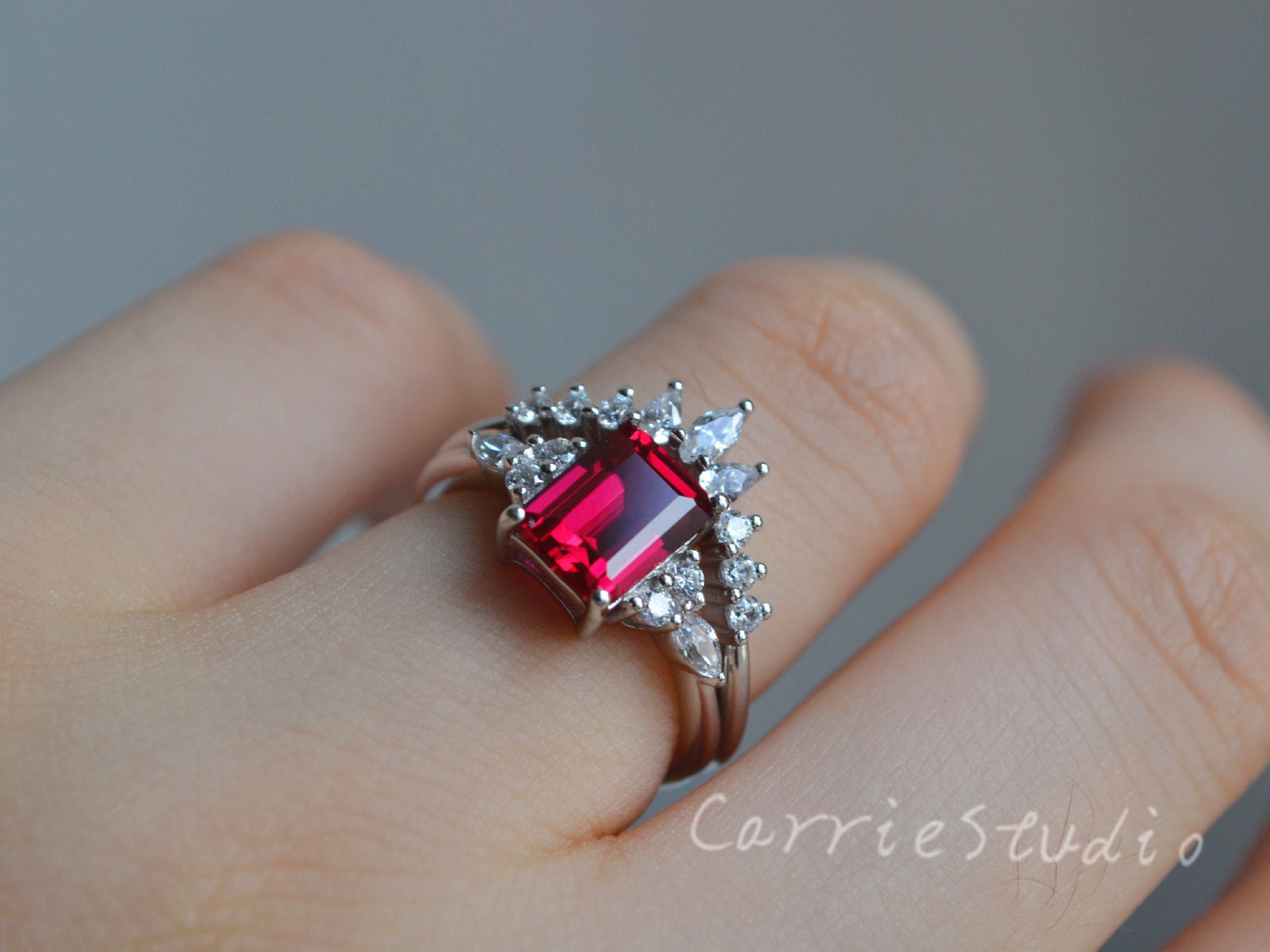 Emerald Cut Ruby Ring Set/silver Ruby Engagement Ring Set/red | Etsy