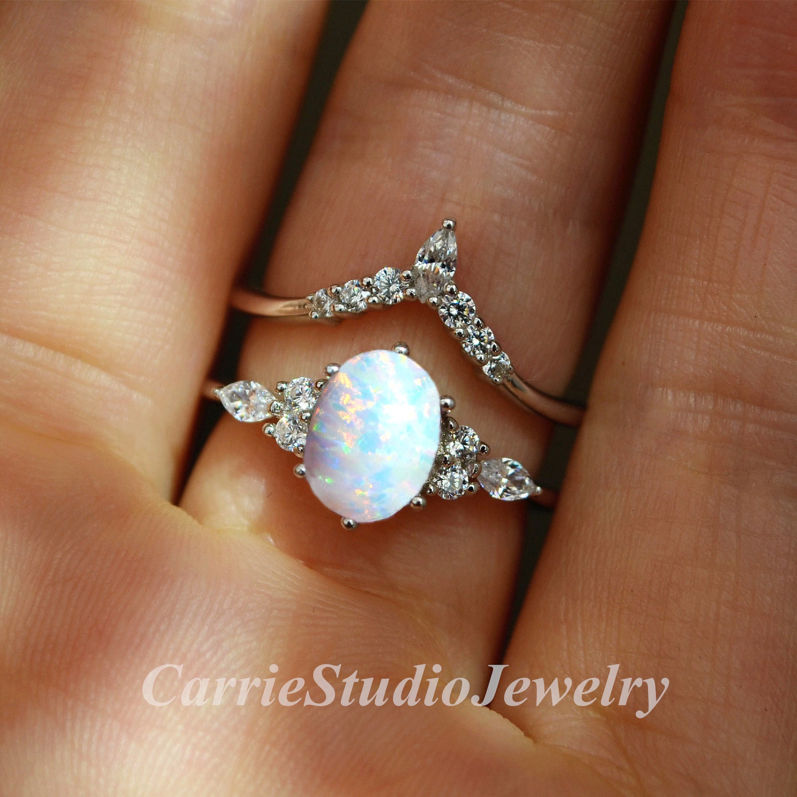Vintge White Opal Ring Set/silver Opal Engagement Ring Set/opal Jewelry Promise Ring/anniversary ...
