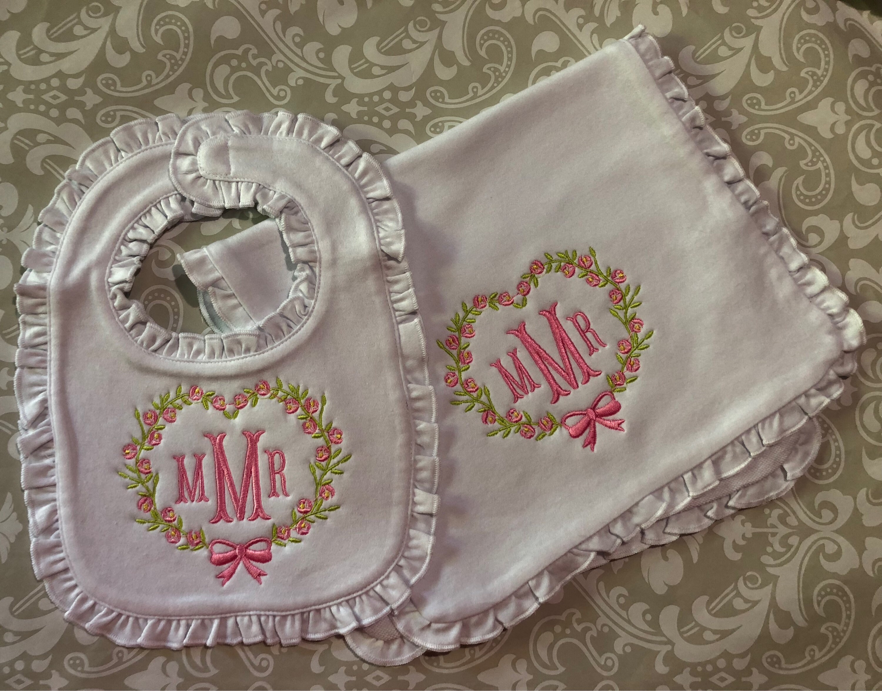 Monogram Baby Girl Gown, Monogram Ruffle Bib, Floral Monogram Burp ...