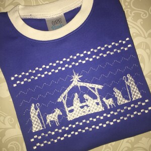 Christmas Holiday Pajamas With Faux Smocked Nativity, Blue and White ...